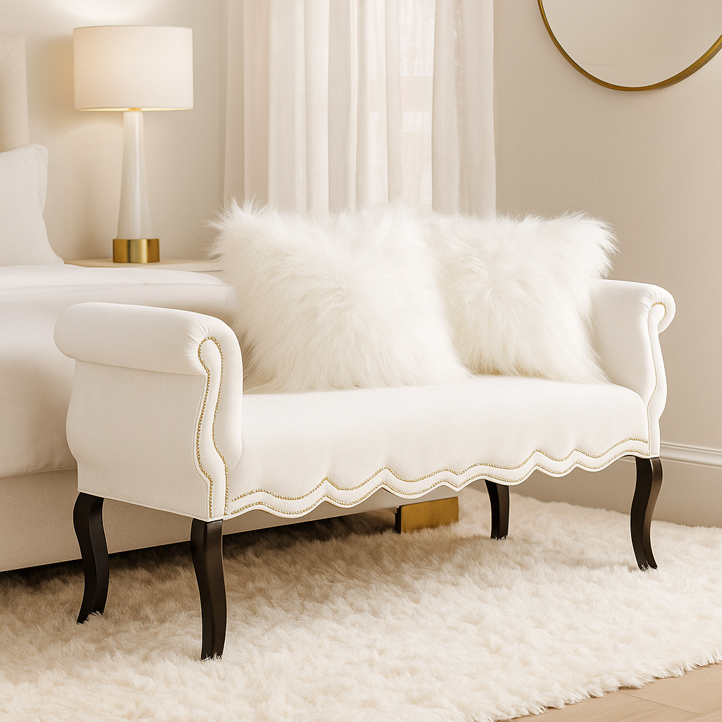 Oahu Bench, Refined – White Velvet Bench with Gold Nailhead Trim – Coco Thomas