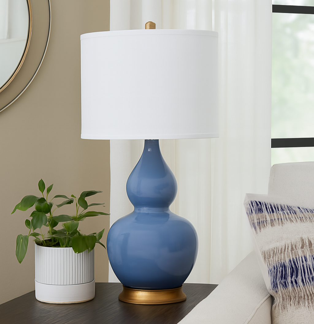 Blue Porcelain Lamp with White Linen Shade – 18.5"H, 60W – Coco Thomas